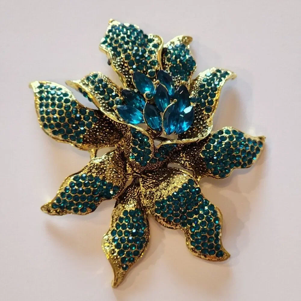 Jewelry | Orchid Flower Rhinestone Brooch Gorgeous Blue Green Color ...